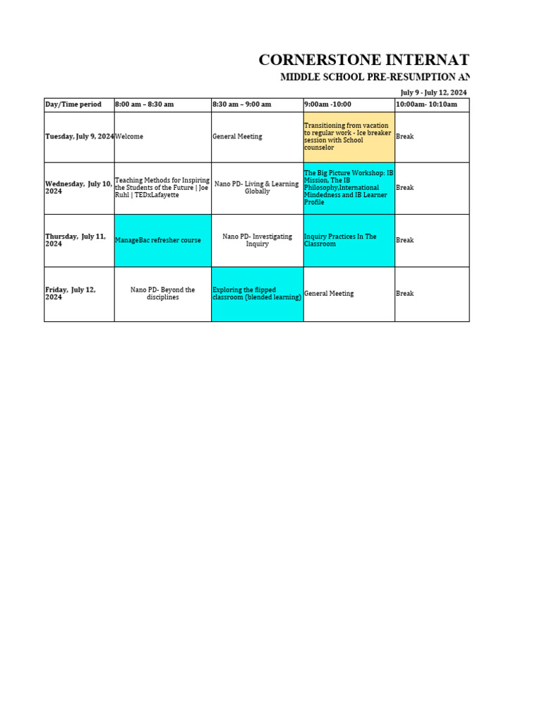 Pre-Resumption Training Schedule MYP 2 | PDF | Teaching Method | Classroom