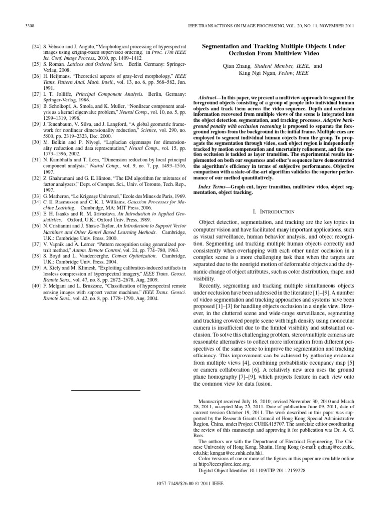 Segmentation and Tracking Multiple Objects Under Occlusion From Multiview Video | PDF | Image ...