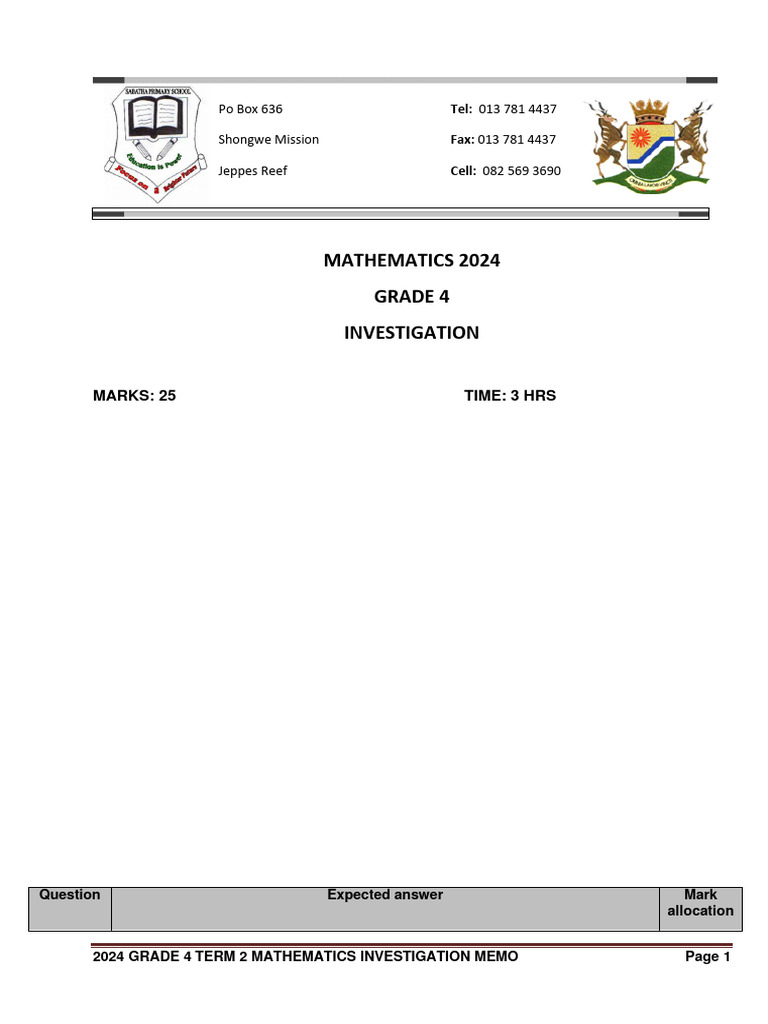 Grade 4 Math Investigation Memo | PDF | Mathematics | Arithmetic