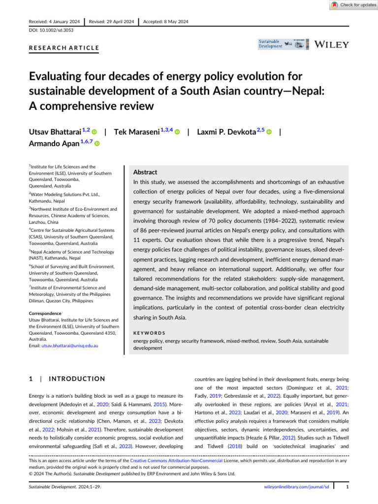 Sustainable Development - 2024 - Bhattarai - Evaluating Four Decades of Energy Policy Evolution ...