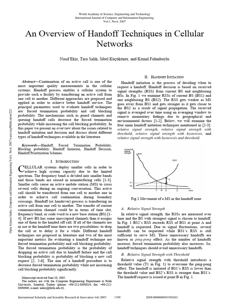 An Overview of Handoff Techniques in Cellular Networks | PDF | Cellular Network | Channel Access ...