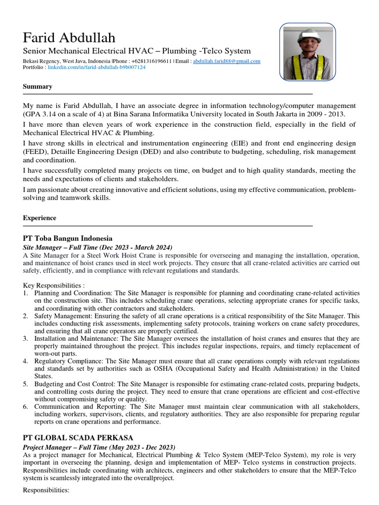 Farid Abdullah - Resume 2024-05-30 | PDF | Plumbing | Regulatory Compliance