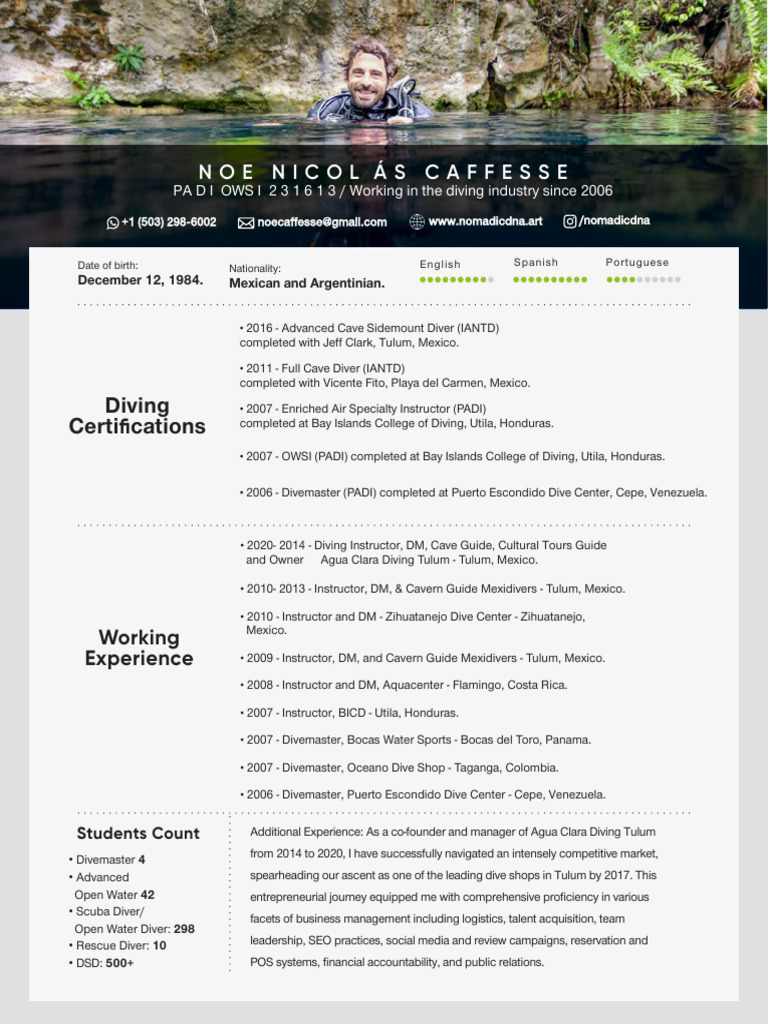 Noe_Caffesse_cv_instructor | PDF | Scuba Diving | Underwater Diving