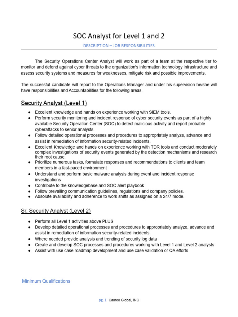 JD - NOC and SOC Profile | PDF | Computer Network | Computer Security