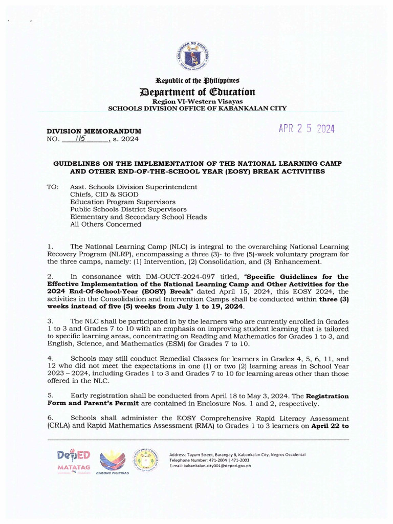 Division Memorandum No. 115 S 2024 Guidelines On The Implementation of The National Learning ...