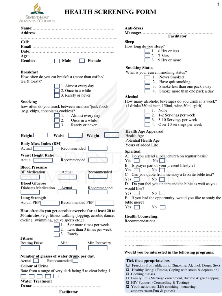 Health Screening Form - Pagenumber | PDF | Drink | Physical Fitness