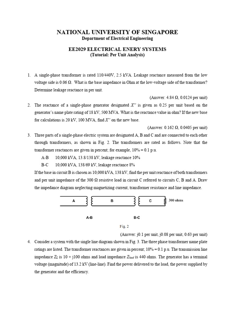 10 Tutorial - Per Unit Analysis - EE2029 | PDF | Transformer | Electrical Impedance