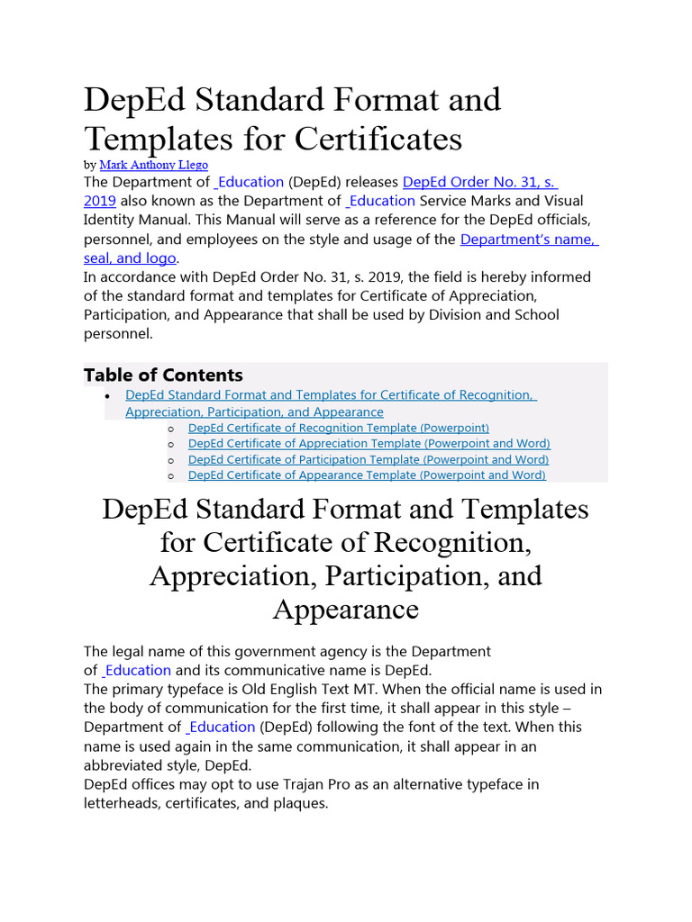 DepEd Standard Format and Templates for Certificates | Download Free ...