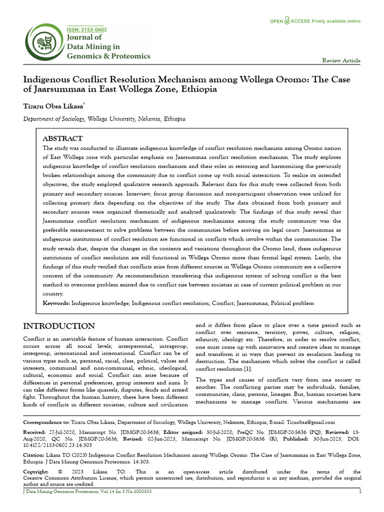 Indigenous Conflict Resolution Mechanism Among Wollega Oromo The Case of Jane Ethiopia | PDF ...