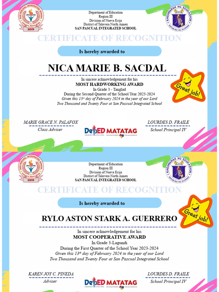 Award Certificates SY 2023 2024 | PDF