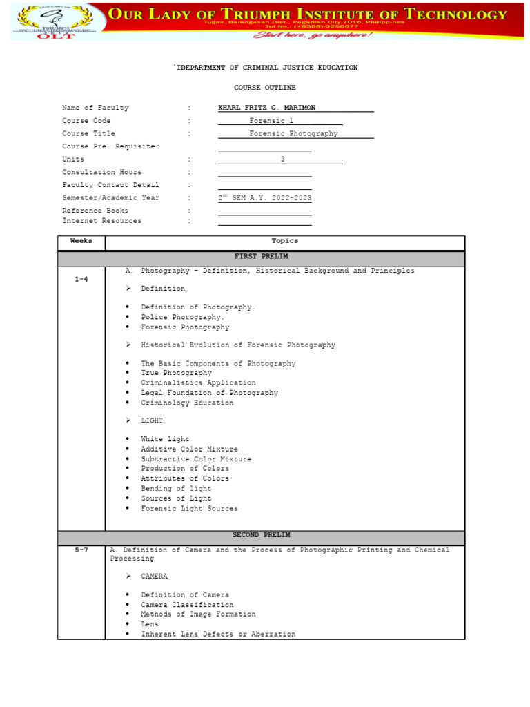 PHOTOGRAPHY COURSE OUTLINE 2023 | PDF | Camera Lens | Camera