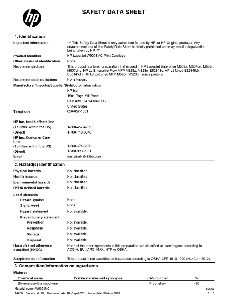 MSDS Black Toner HP | PDF | Dangerous Goods | Toxicity