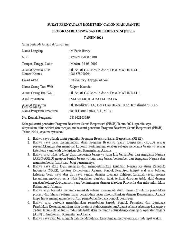 Saya Sedang Berbagi 'Surat Pernyataan Komitmen Calon Mahasantri' Dengan ...