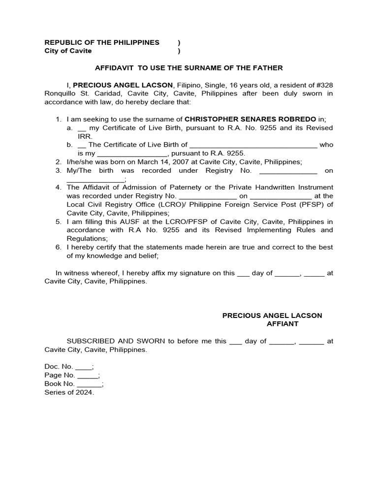 Affidavit To Use The Surname of The Father | PDF | Law