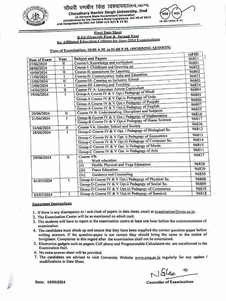 final date sheet | PDF