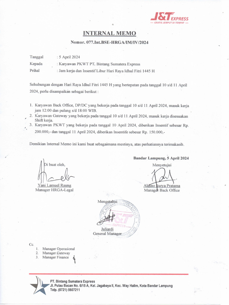 Internal Memo Insentif Lebaran 2024 | PDF