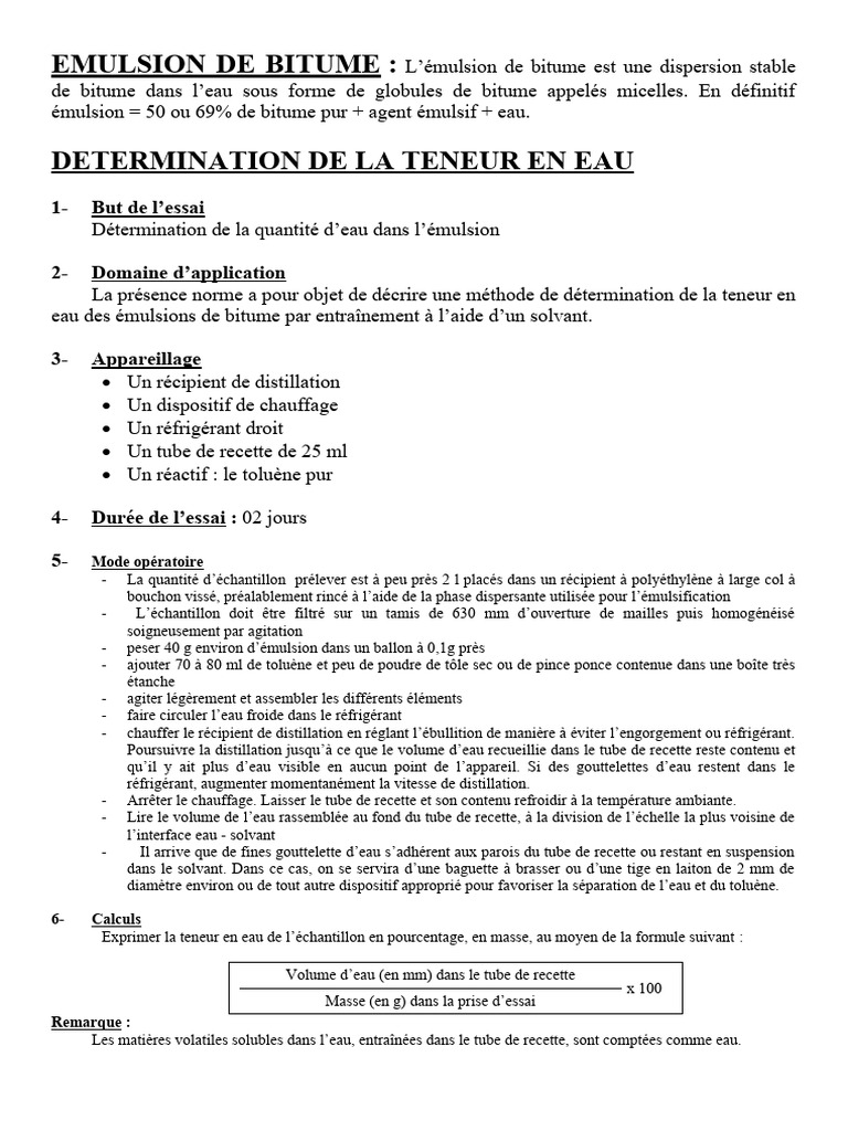 Détermination de la teneur en eau des émulsions de bitume | PDF | Eau ...