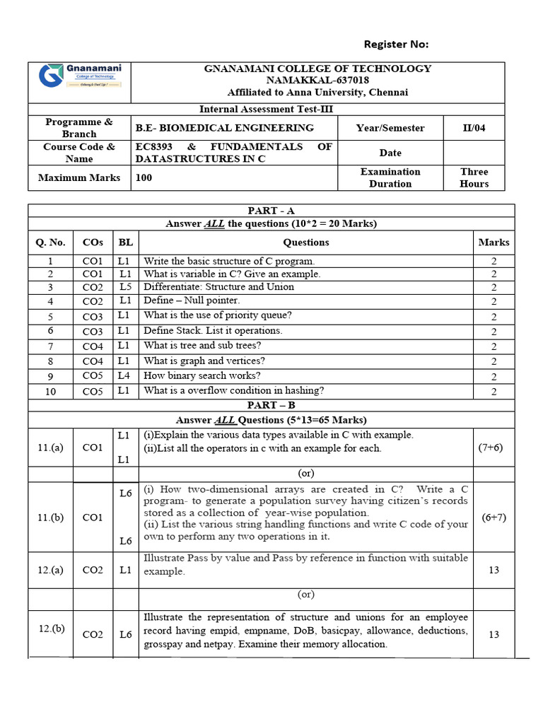 Fundamentals of Data Structure in C Assessment Question Paper 2 | PDF | Pointer (Computer ...