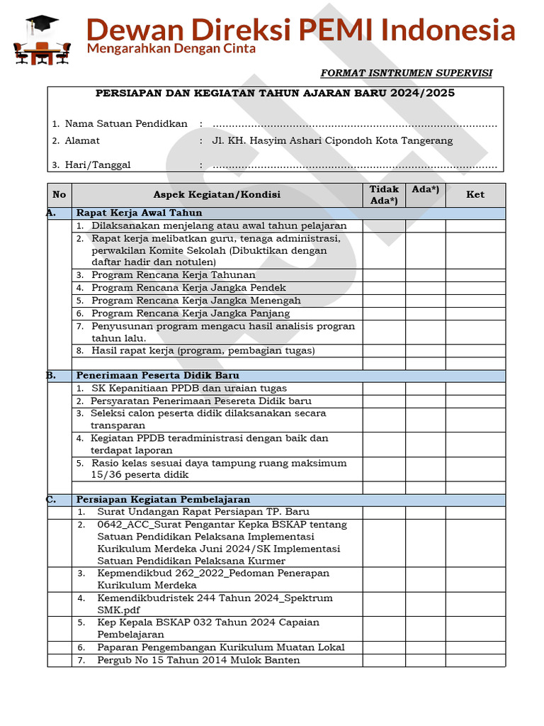 Lembar Checklist Persiapan Dan Kegiatan Ta Baru 20242025 | PDF