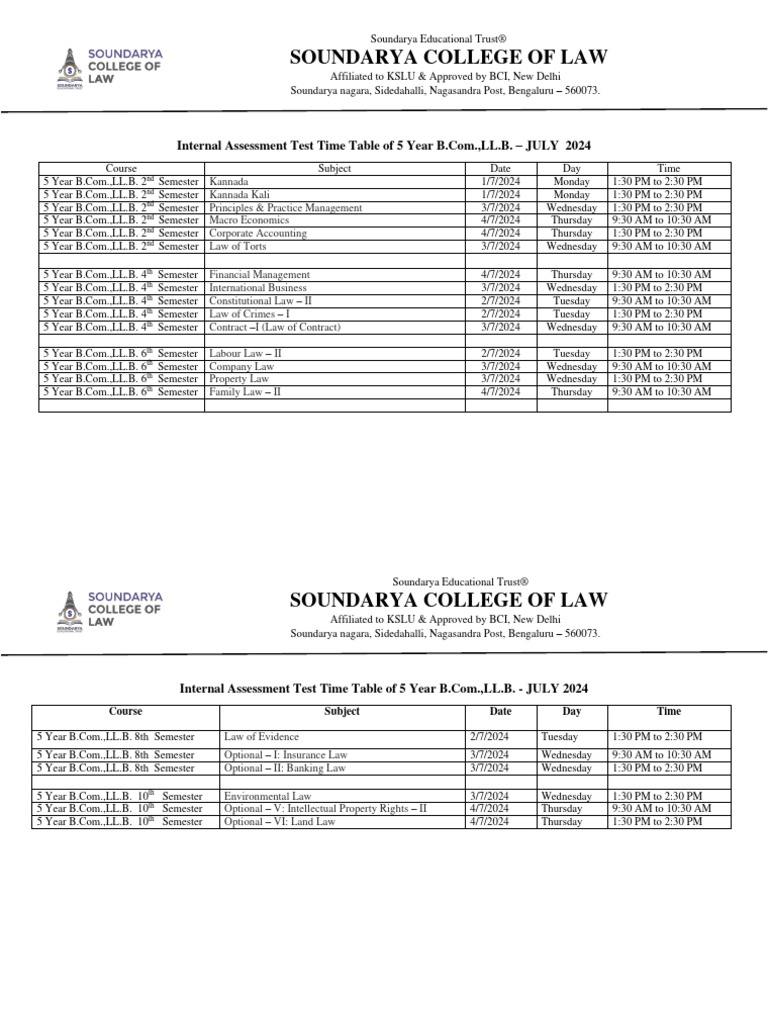 Ia Even Sem Time Table - July 2024-2 | PDF | Justice | Crime & Violence