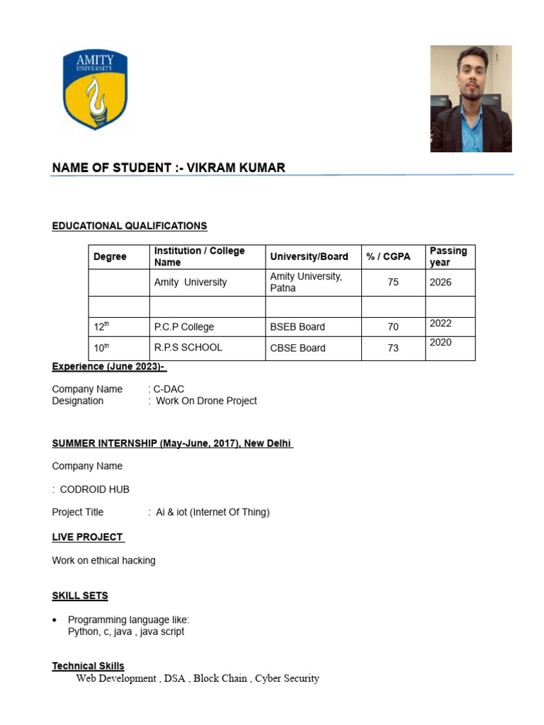 Amity CV Format | PDF
