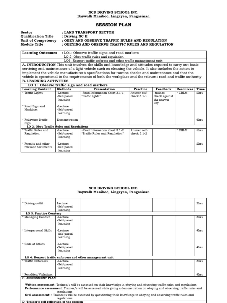 Driving NC II Session Plan Overview | PDF | Learning | Traffic