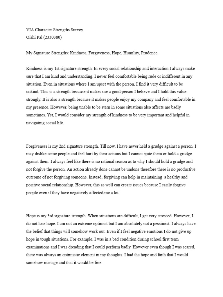 VIA Character Strengths - REFLECTION | PDF | Prudence | Forgiveness