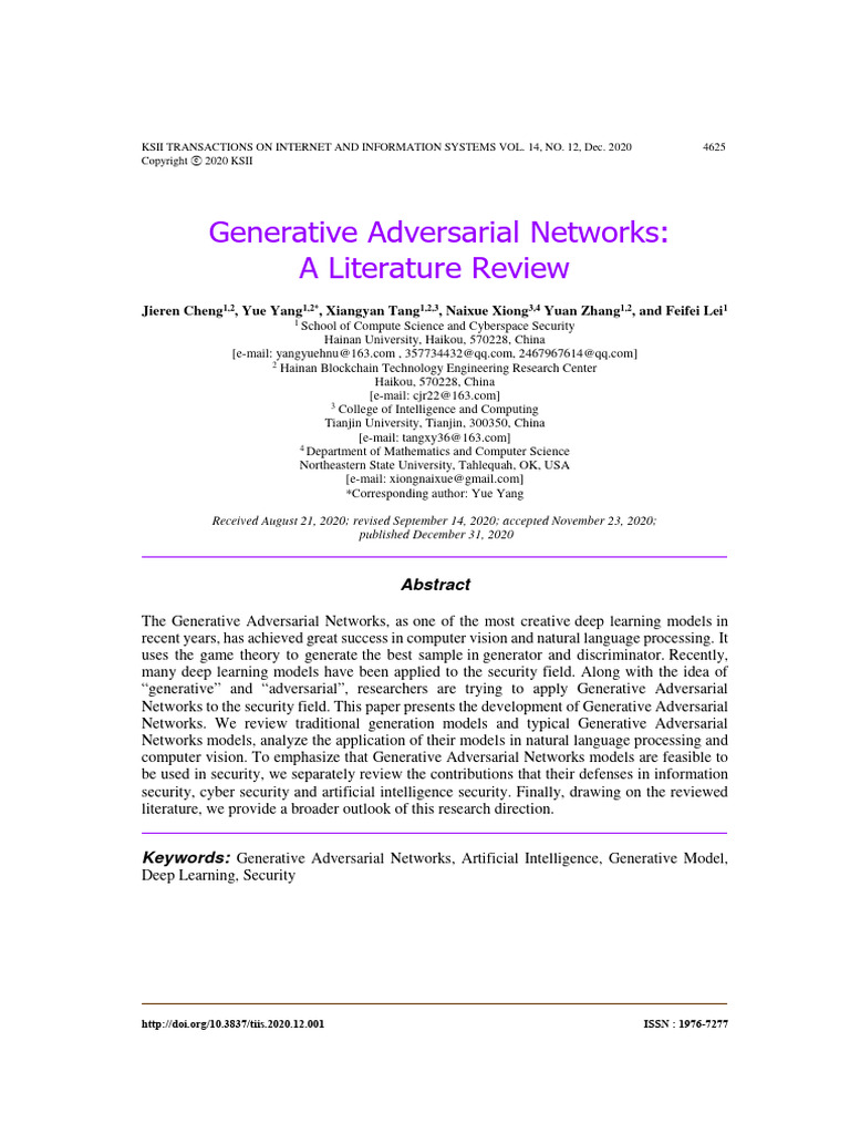 Generative Adversarial Networks A Literature Review Pdf Artificial Neural Network