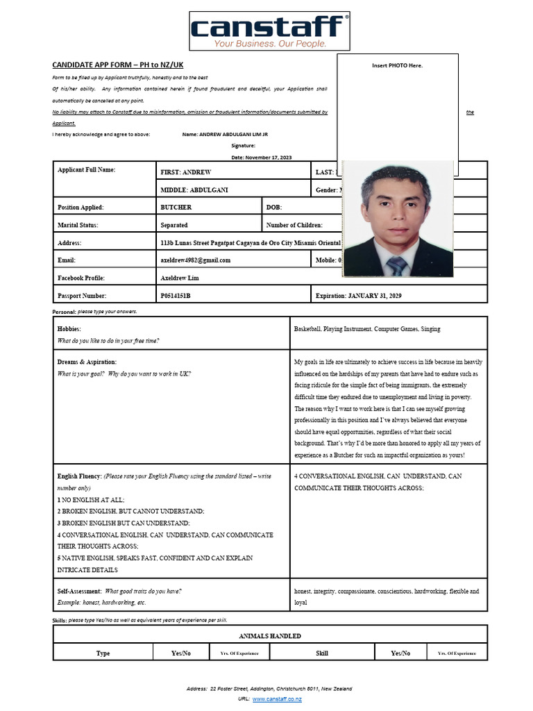 AndrewLimCANSTAFF App-PPF-Form-Butchery-vMay2023-rev2 | PDF