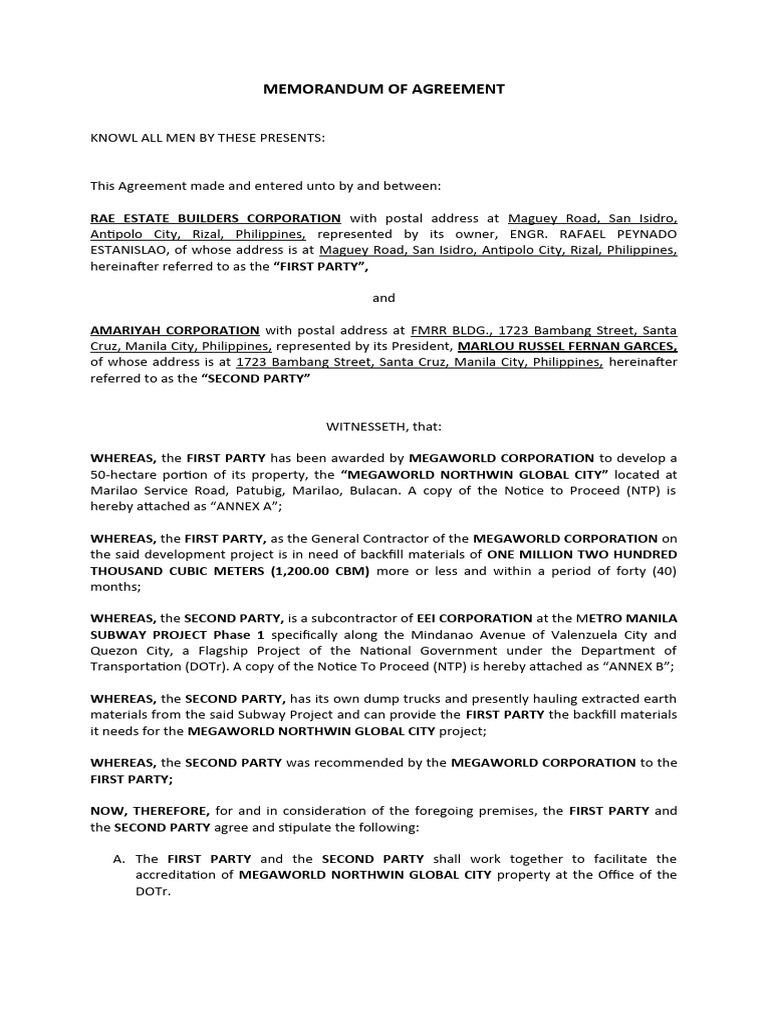 Memorandum of Agreement | PDF | Manila | Private Law