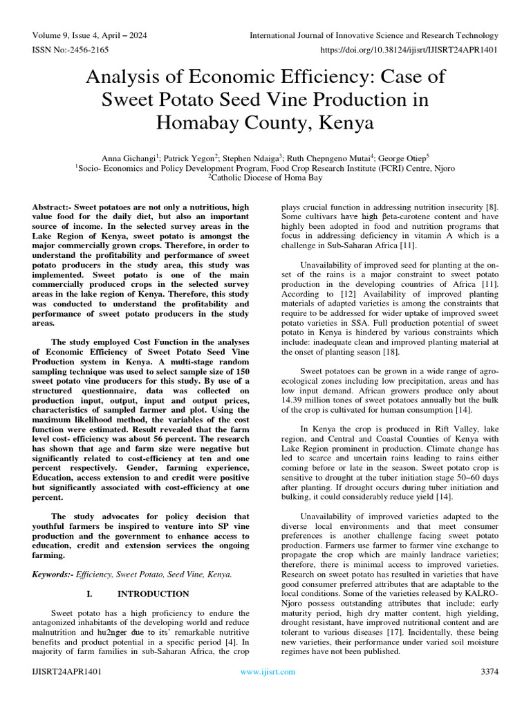 Analysis of Economic Efficiency: Case of Sweet Potato Seed Vine Production in Homabay County ...