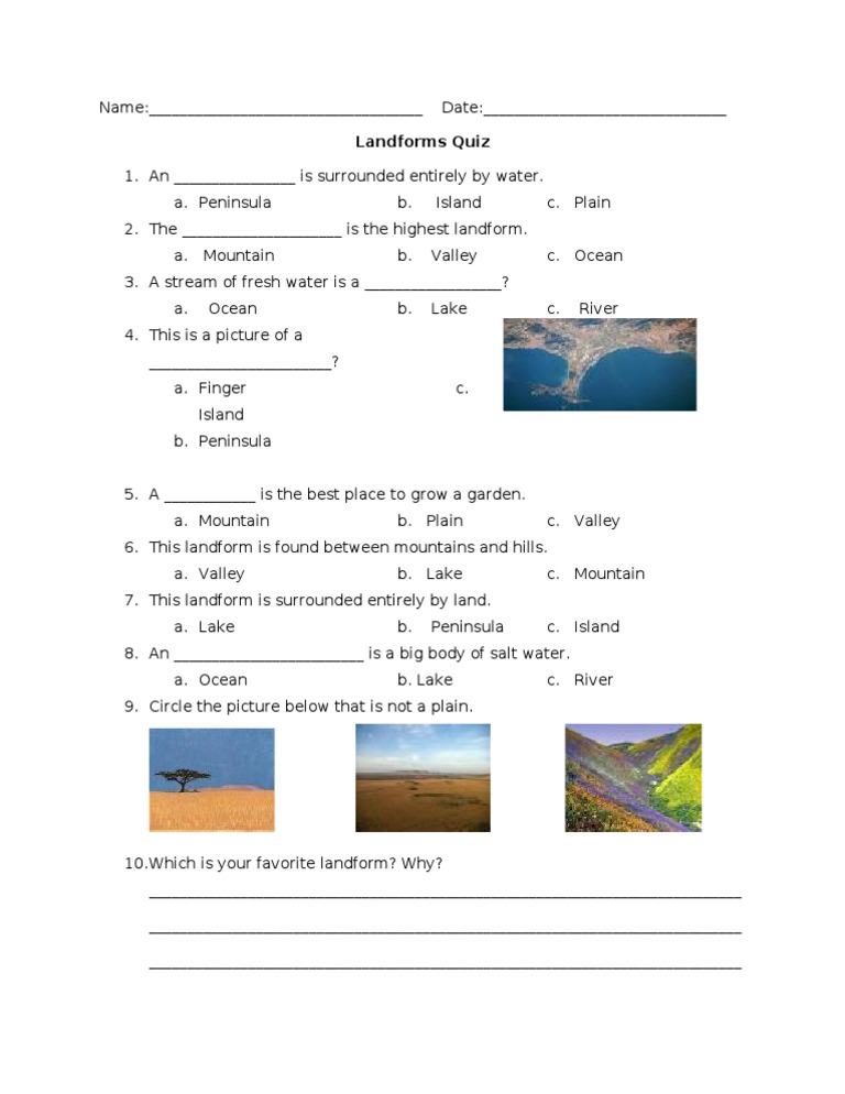Landforms Quiz for Grades 3-4 | PDF | Travel