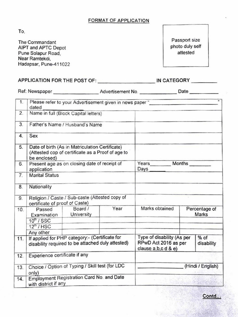 AIPT & APTC Depot Pune Application Form - 2024 | PDF