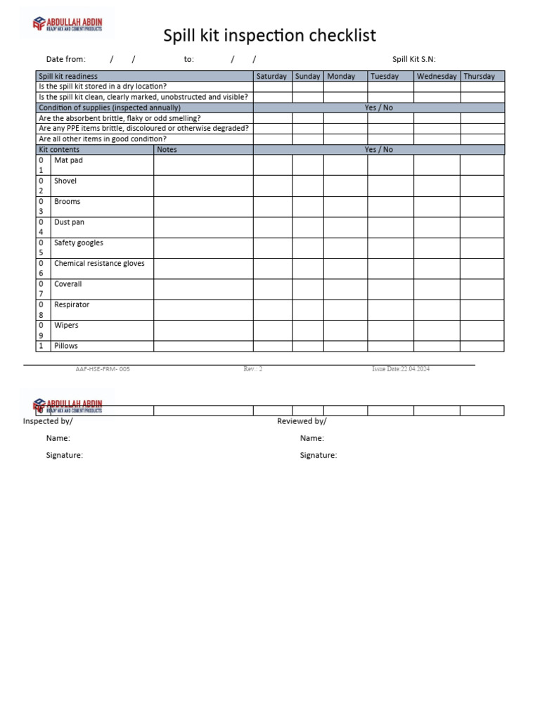 AAF HSE FRM 005 Spill Kit Checklist Rev 002 | PDF