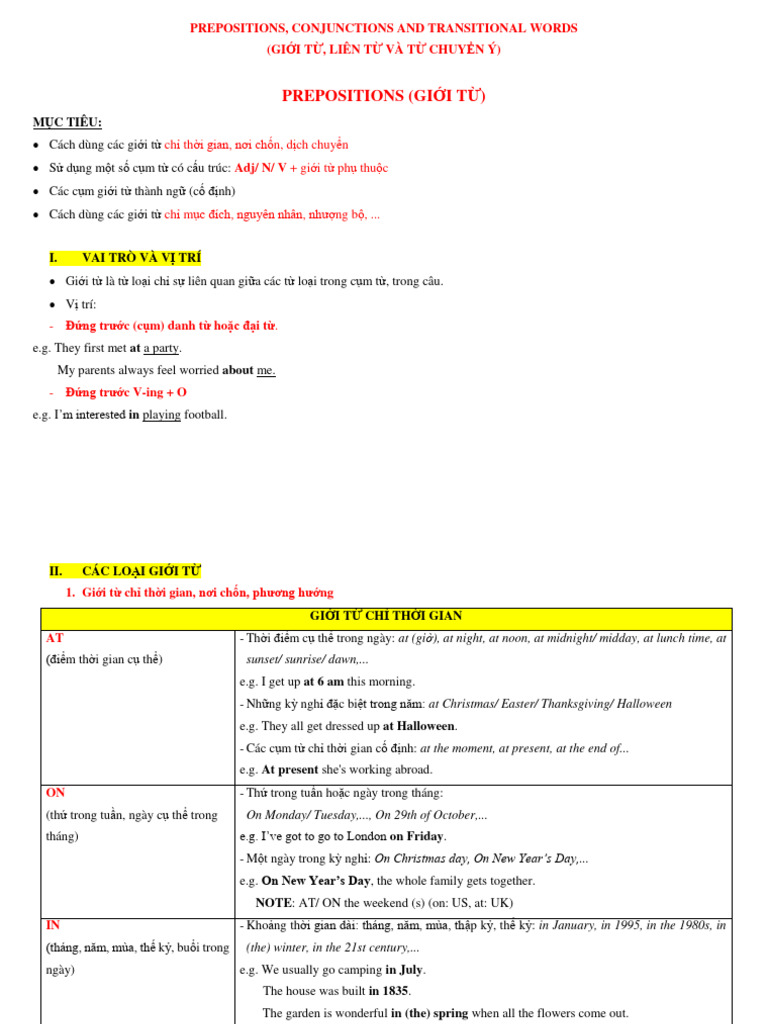 Giới từ, Liên từ, từ chuyển ý (PREP, CONJ, TRANS) | PDF