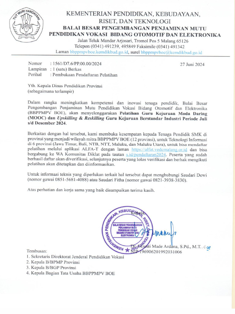 Pendaftaran_Pelatihan_BBPPMPV BOE_2024 | PDF