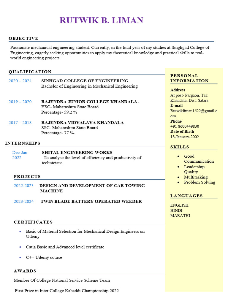 Rutwik Liman Own Template1 | PDF | Mechanical Engineering | Engineering