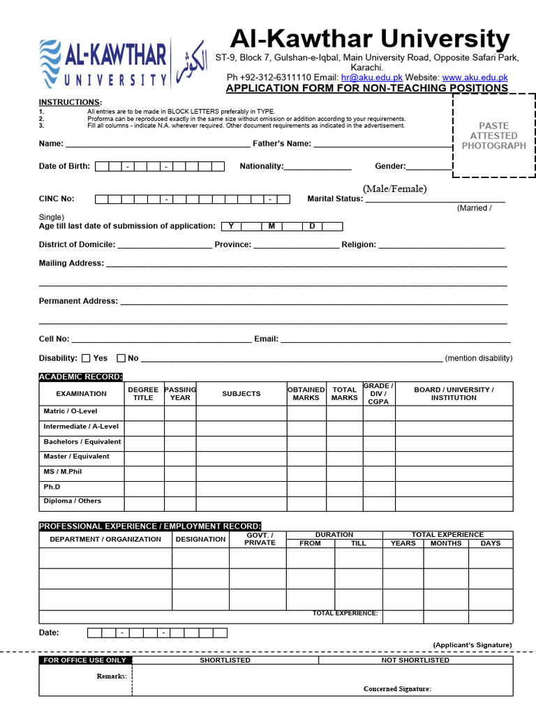 Al-Kawthar University Non-Teaching Application | PDF | Educational Stages | Vocational Education