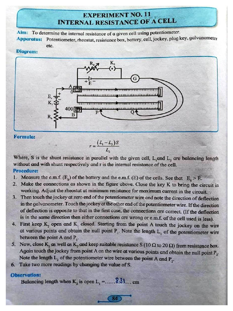 Physics Exp. 11 [Internal Resistance of Cell] | PDF