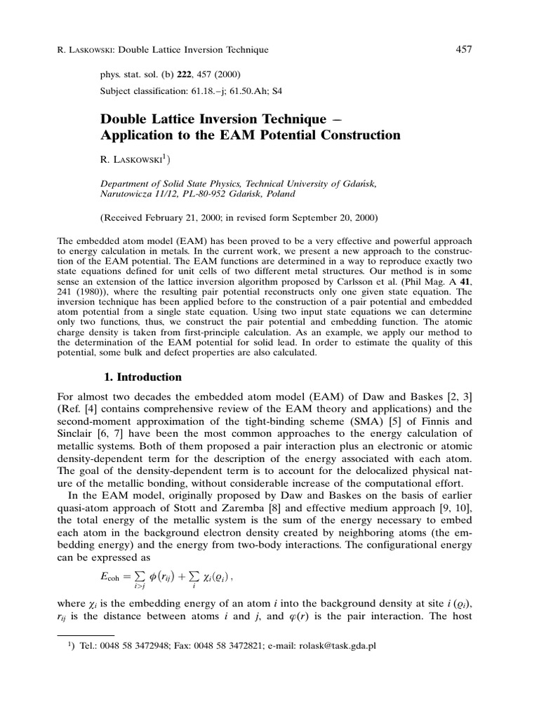 Double Lattice Inversion Technique Application To The EAM Potential Construction | PDF | Crystal ...