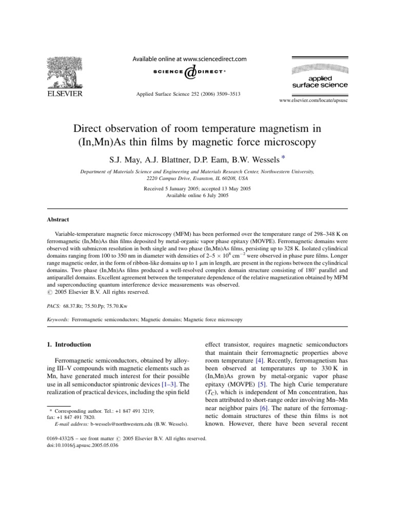 Direct Observation of Room Temperature Magnetism in (In, MN) As Thin Films by Magnetic Force ...