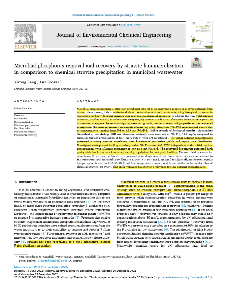 Microbial Phosphorus Removal and Recovery by Struvite Biomineralisation ...