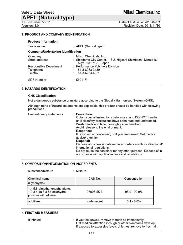 APEL Safety Data Sheet Overview | PDF | Toxicity | Occupational Safety ...
