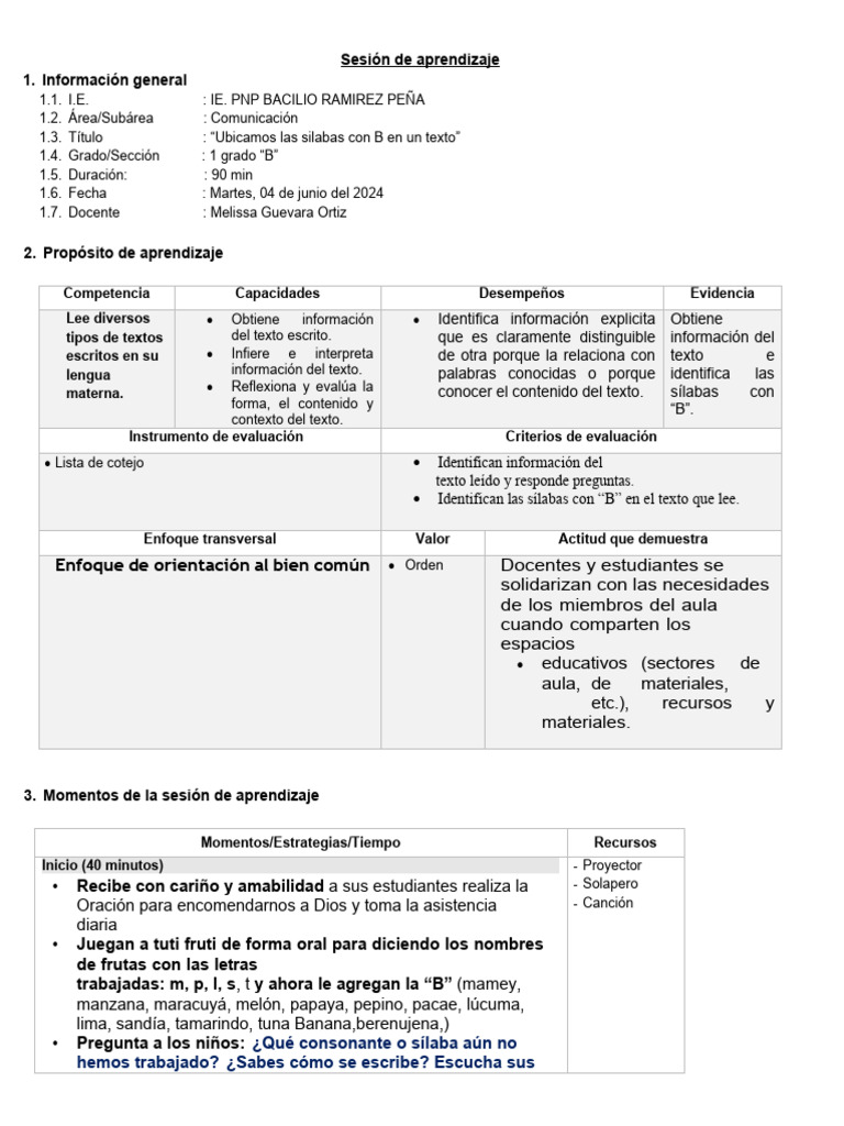 Secion de La Letra B y Sus Silabas | PDF | Evaluación | Aprendizaje