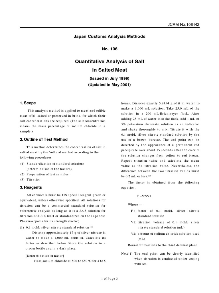 Quantitative Analysis of Salt in Salted Meat: Japan Customs Analysis Methods | PDF | Titration ...