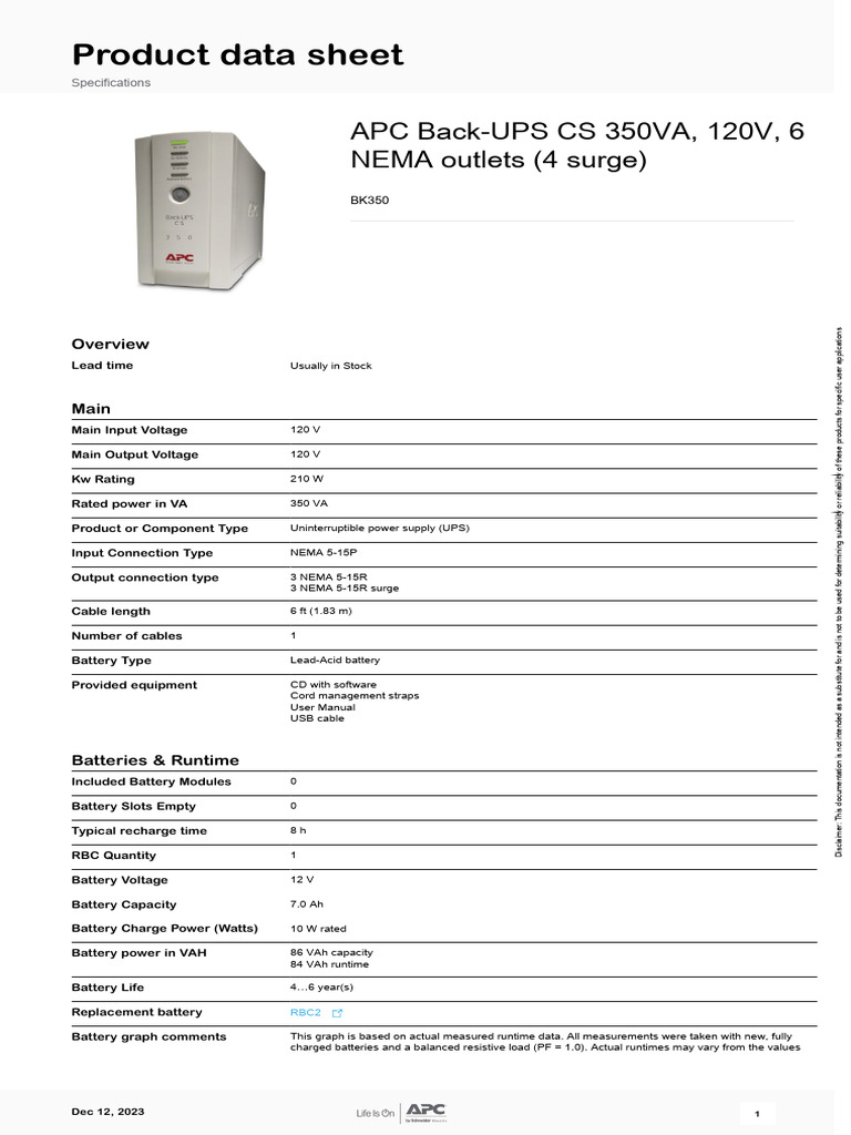 Back-UPS BK350 | PDF | Physical Quantities | Electric Power