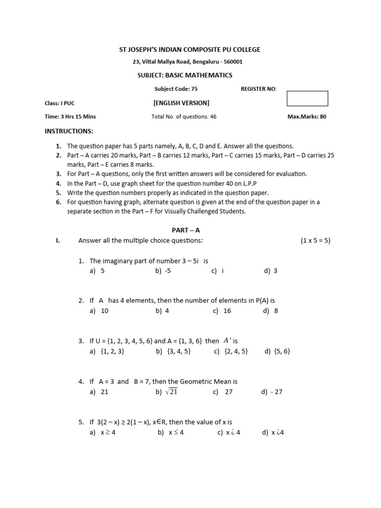 Basic Maths Question Paper 1st PU | PDF | Mathematical Objects ...
