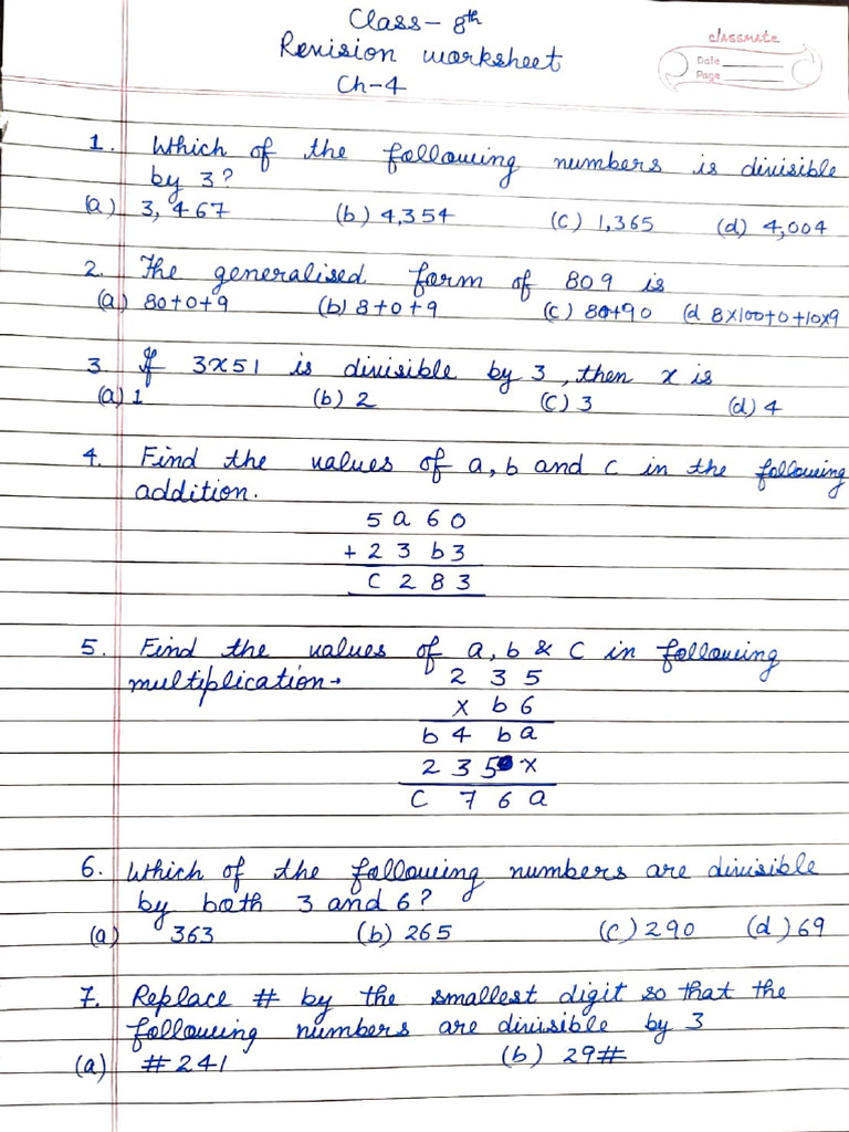 Class 8 Maths Revision Worksheet | PDF | Teaching Methods & Materials