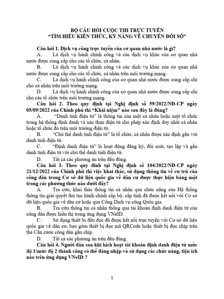 Bo de Cau Hoi Chuyen Doi So | PDF