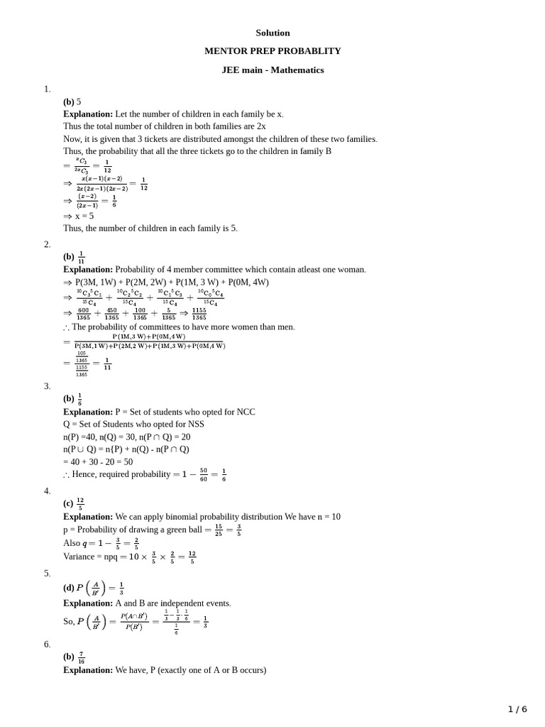 Solution Probablity (Pyq) | PDF | Odds | Probability